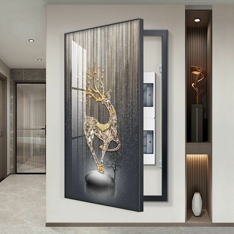 Декоративная картина для электрощита 60x80 см с гидравлической петлей и алюминиевой рамой (Золото/Черный) - Скрывает электрощит 50x70 см, без сверления, водонепроницаемая, для гостиной