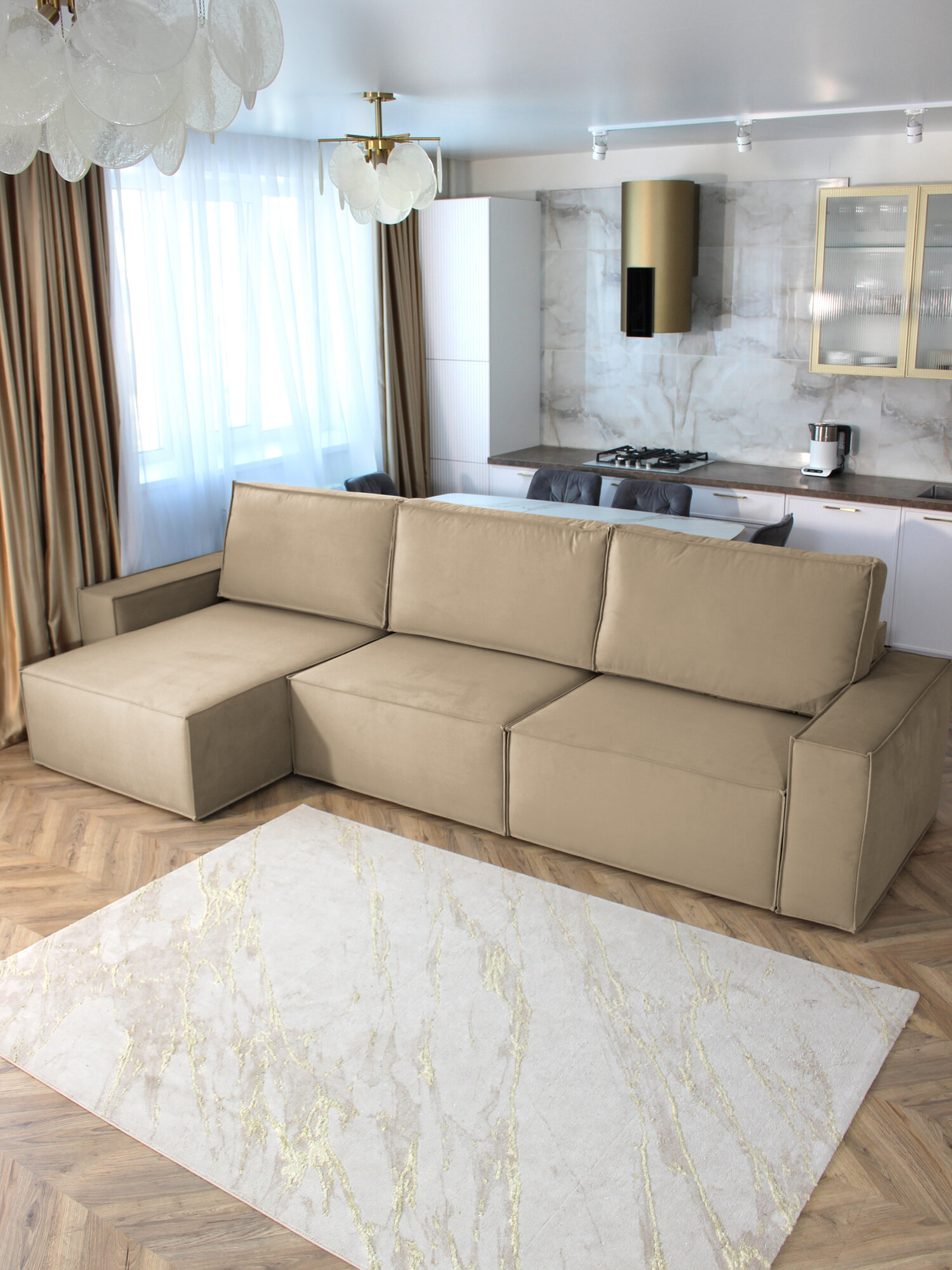 Диван-кровать угловой Конер бежевый, левый угол, Еврокнижка, 350х155х65 см