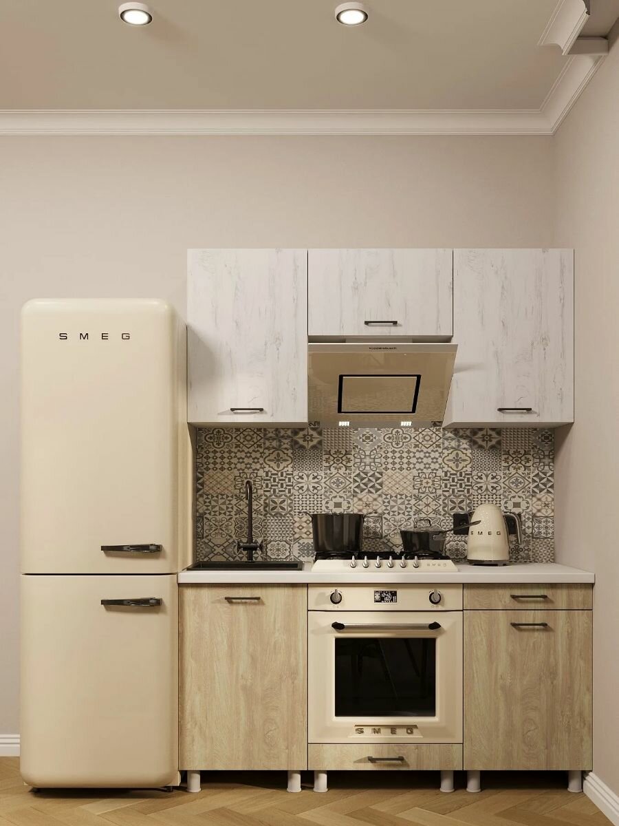 Кухонный гарнитур (кухня) Палермо 1.6 м с окапом, столешницей и модулем под духовой шкаф, ЛДСП/МДФ, Белый/Дуб Остин Серый/Дуб Остин Бежевый,1600х2160х600 тэкс