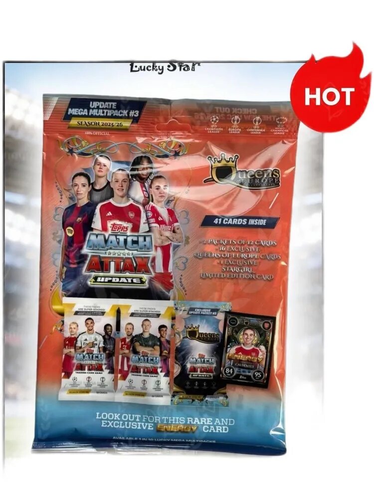 Topps Match Attax 2025/26 Mega Multipack #3: 41 карточка, включая женские игроки и редкую Energy карту