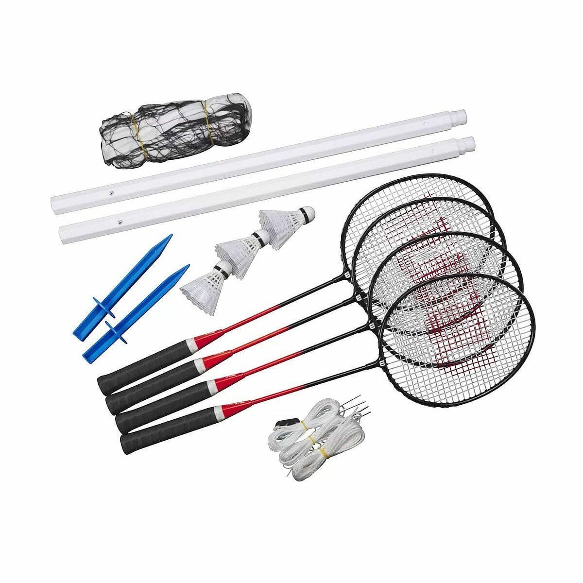 DECATHLON набор для бадминтона Wilson Badminton Gear 4PC Kit, красный, 4 ракетки, 3 воланчика, сетка 6 x 0,60 м, стойки 170 см, вес 2 кг