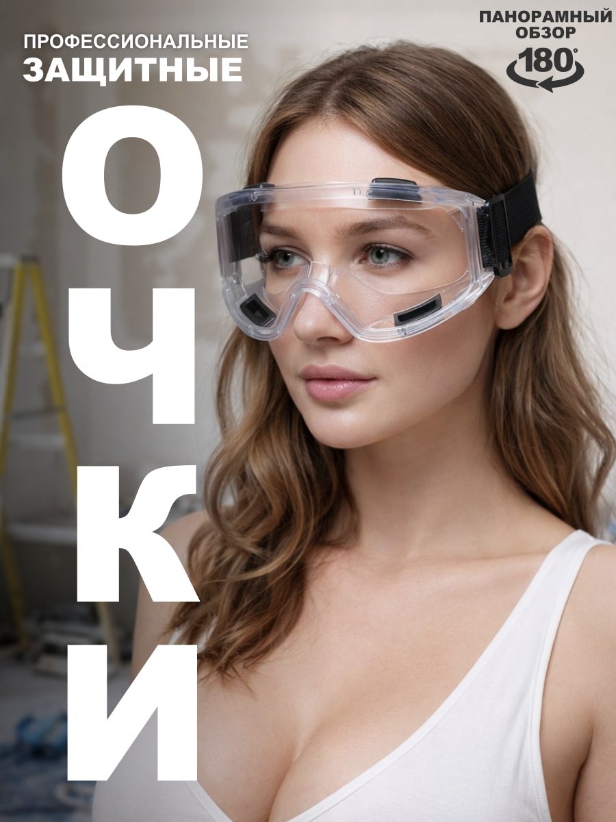 Очки защитные строительные профессиональные закрытые прозрачные для болгарки, тримера, рабочие FOLISO