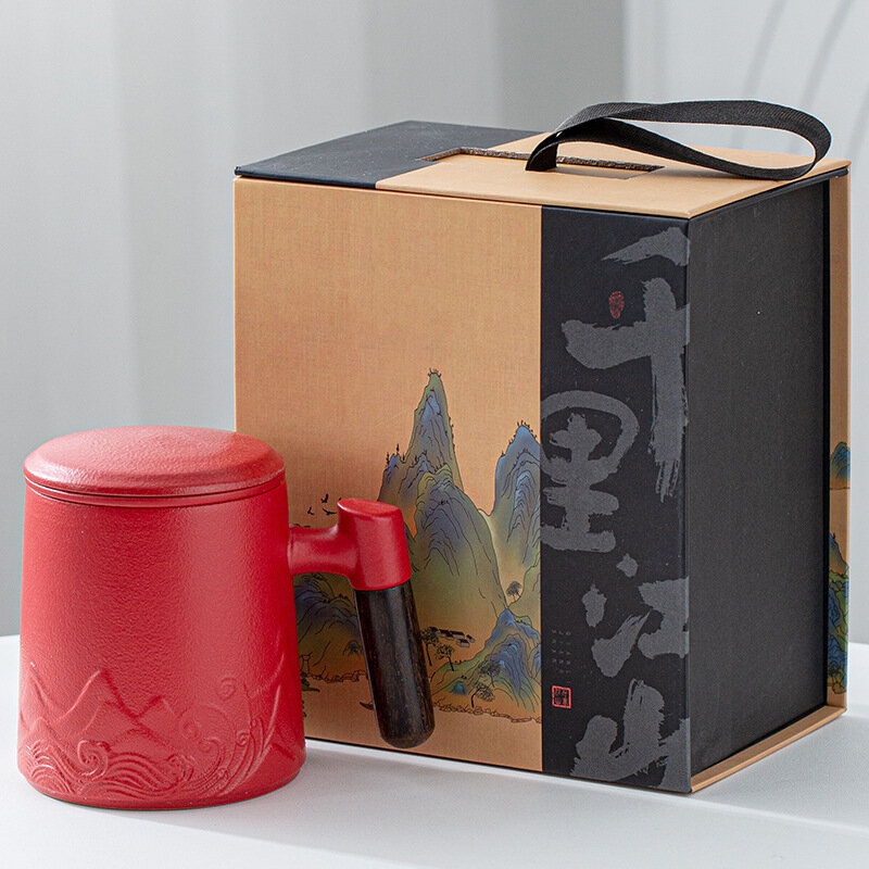 Керамическая кружка-фильтр в китайском стиле с крышкой, с функцией разделения чая и воды, офисная чашка для чая, корпоративный подарок на открытие компании и ежегодное собрание.