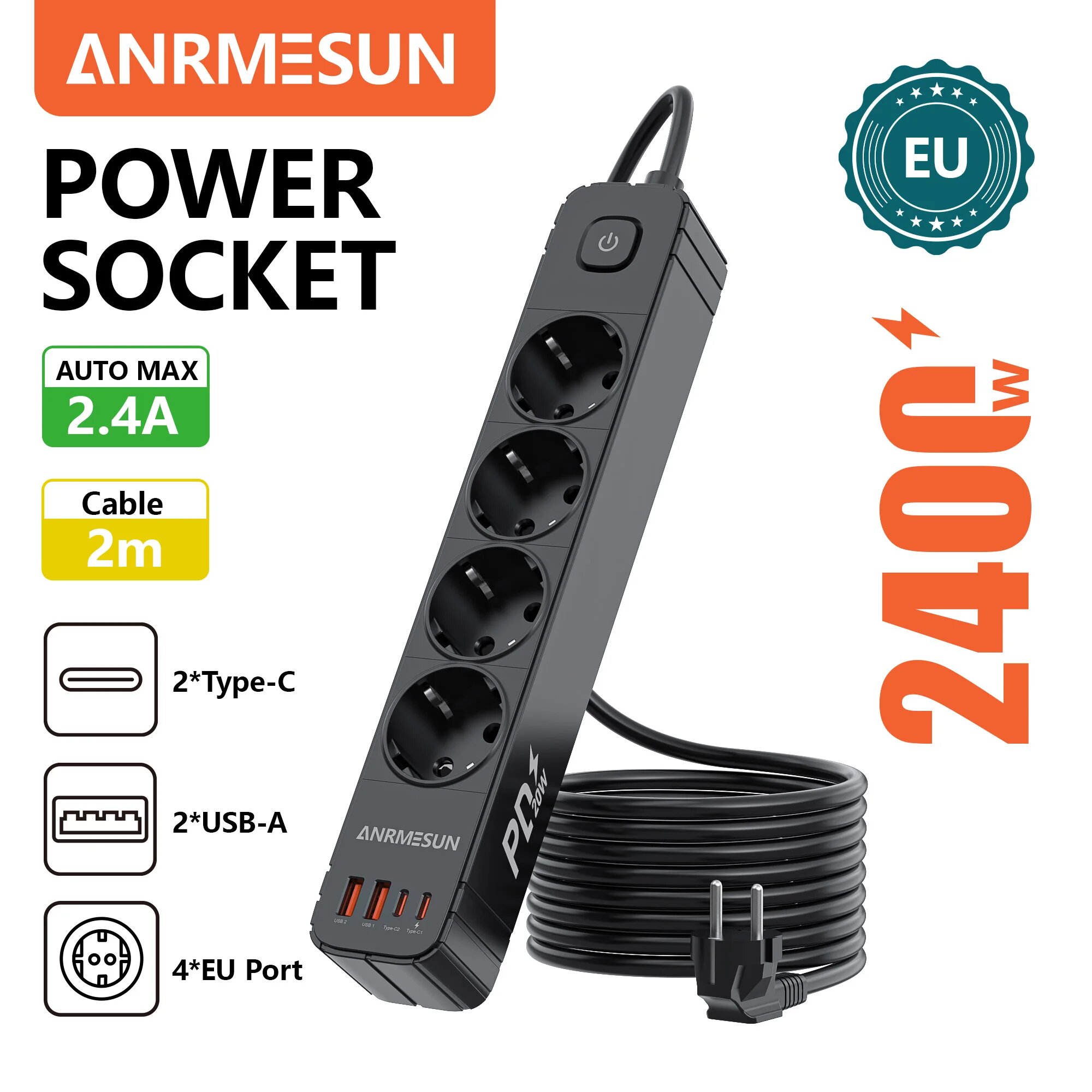 Удлинитель сетевой фильтр 4 розетки EU с защитой от перегрузки 1.5м/2м 4 AC sockets USB