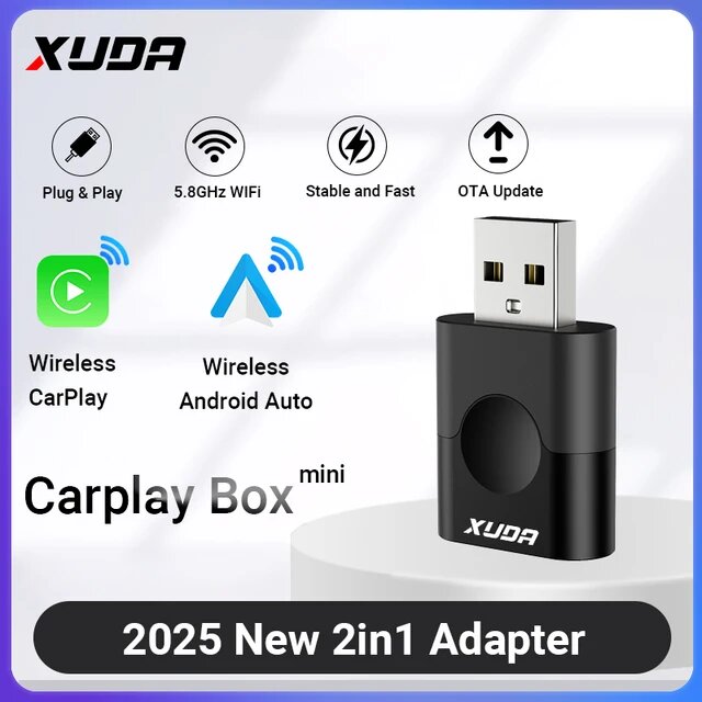 Беспроводной мини-бокс XUDA 2-в-1 CarPlay AI для автомобилей Android работает по принципу «подключи и работай», автоматически подключается, совместим с 99% моделей автомобилей и подходит для автомобильных магнитол.