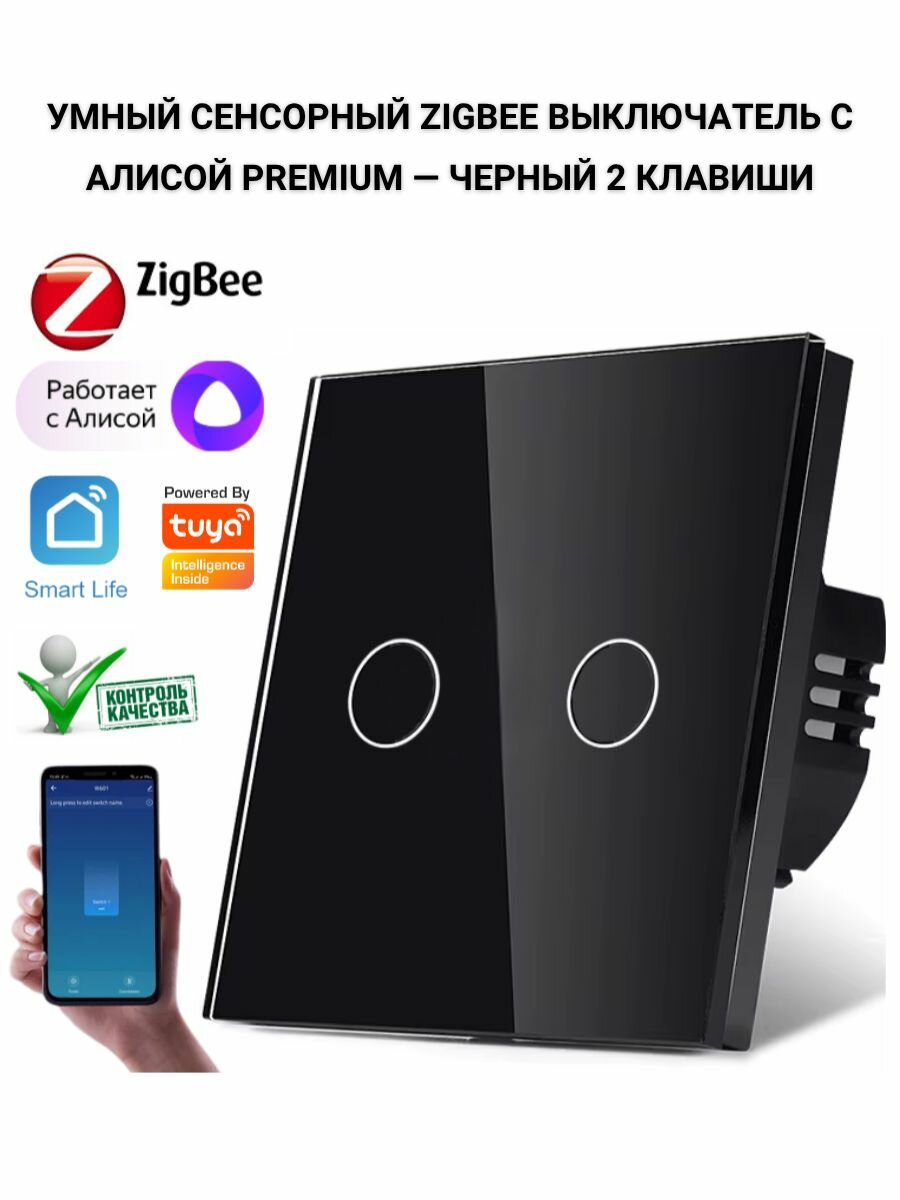 Умный сенсорный выключатель Zigbee с Алисой Premium, 2 клавиши, черный