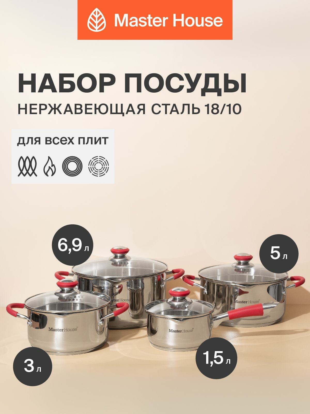 Набор кастрюль из нержавеющей стали с крышкой, серия Rosse Master House