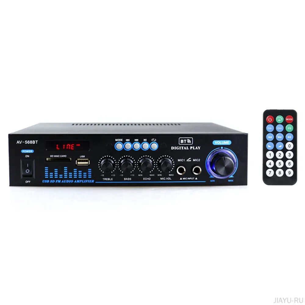 Мини аудиоусилитель 12V/220V с Bluetooth, цифровым приемником, USB для карты памяти, MP3 плеером, LCD дисплеем, двойным микрофонным входом, пультом