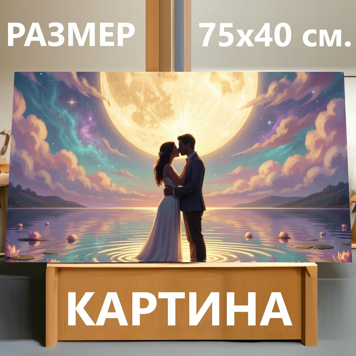 Картина на холсте "Влюбленная пара под луной. Сказочная романтическая сцена: силуэт пары на водной глади, огромная светящаяся луна, розовые." на подрамнике 75х40 см. для интерьера