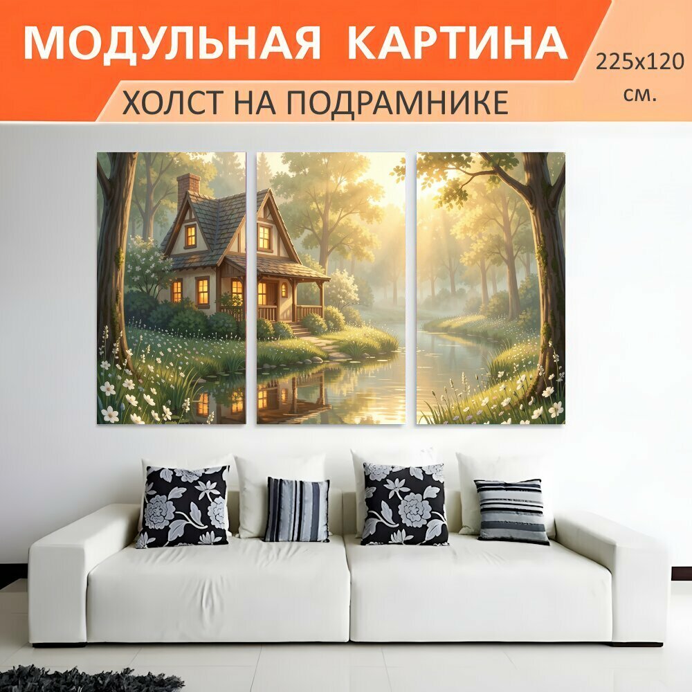 Модульная картина на холсте "Дом у лесной речки. Уютный сказочный домик среди высоких деревьев у тихой воды, солнечные лучи." триптих на подрамнике 225х120 см. для интерьера