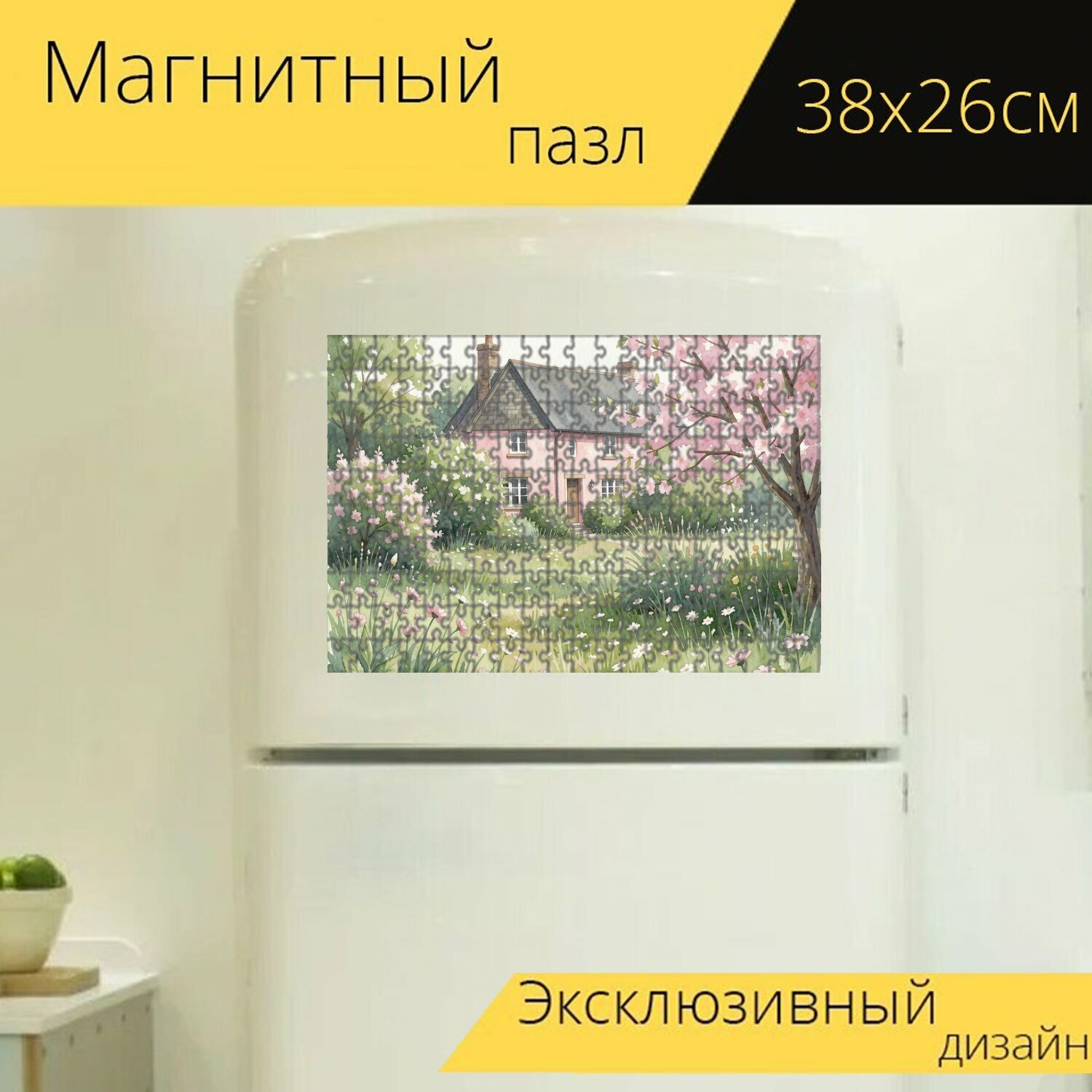 Магнитный пазл "Дом в цветущем саду. Акварельная сельская сцена с нежным розовым домиком среди пышной зелени и цветущих деревьев. Пастельные оттенки, летняя." для интерьера, 38х26 см.