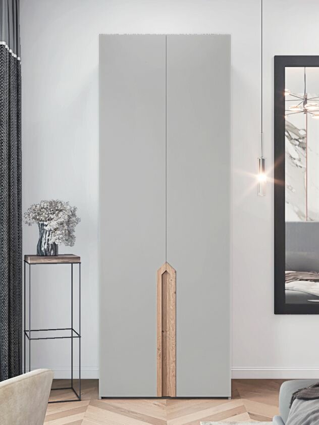 Casa Mia 60x50x230 см. Дизайнерский шкаф для одежды узкий распашной,2-дверный с 2 штангами, серый, ручка из массива дуба
