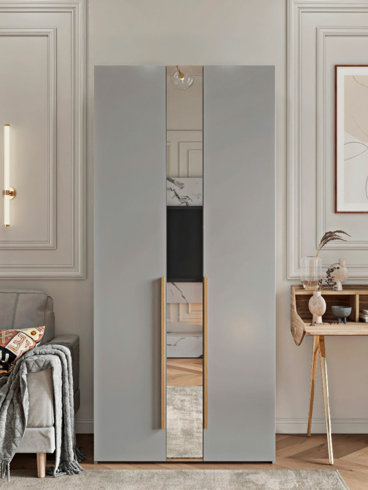 Casa Mia 85x55x210 см. Шкаф для одежды распашной с зеркалом, 2-дверный с полками и штангой , серый, ручка накладная 832 мм