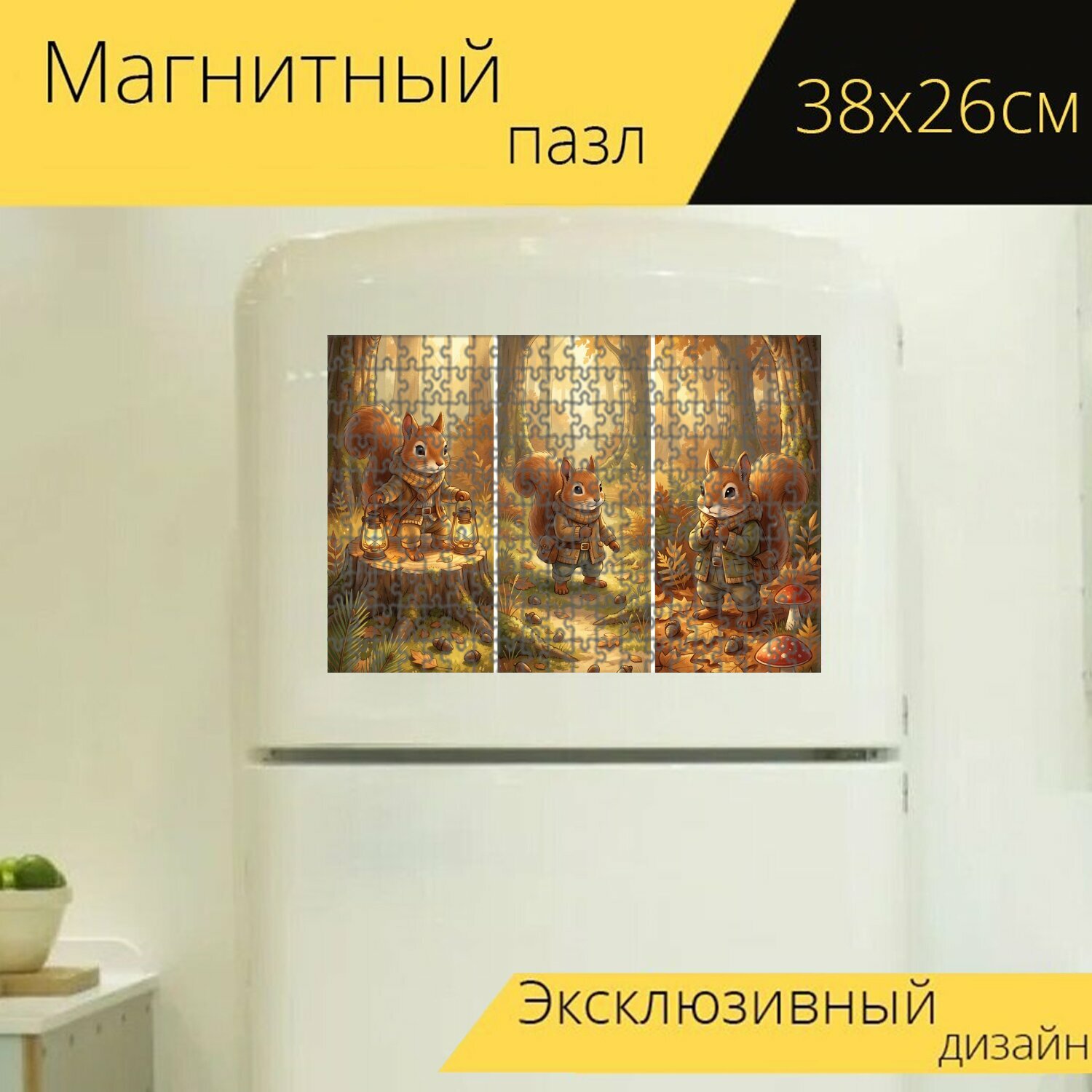 Магнитный пазл "Белка в осеннем лесу. Три очаровательные белки в тёплых куртках и шарфах среди золотой листвы, еловых веток и грибов. Сказочная иллюстрация." для интерьера, 38х26 см.