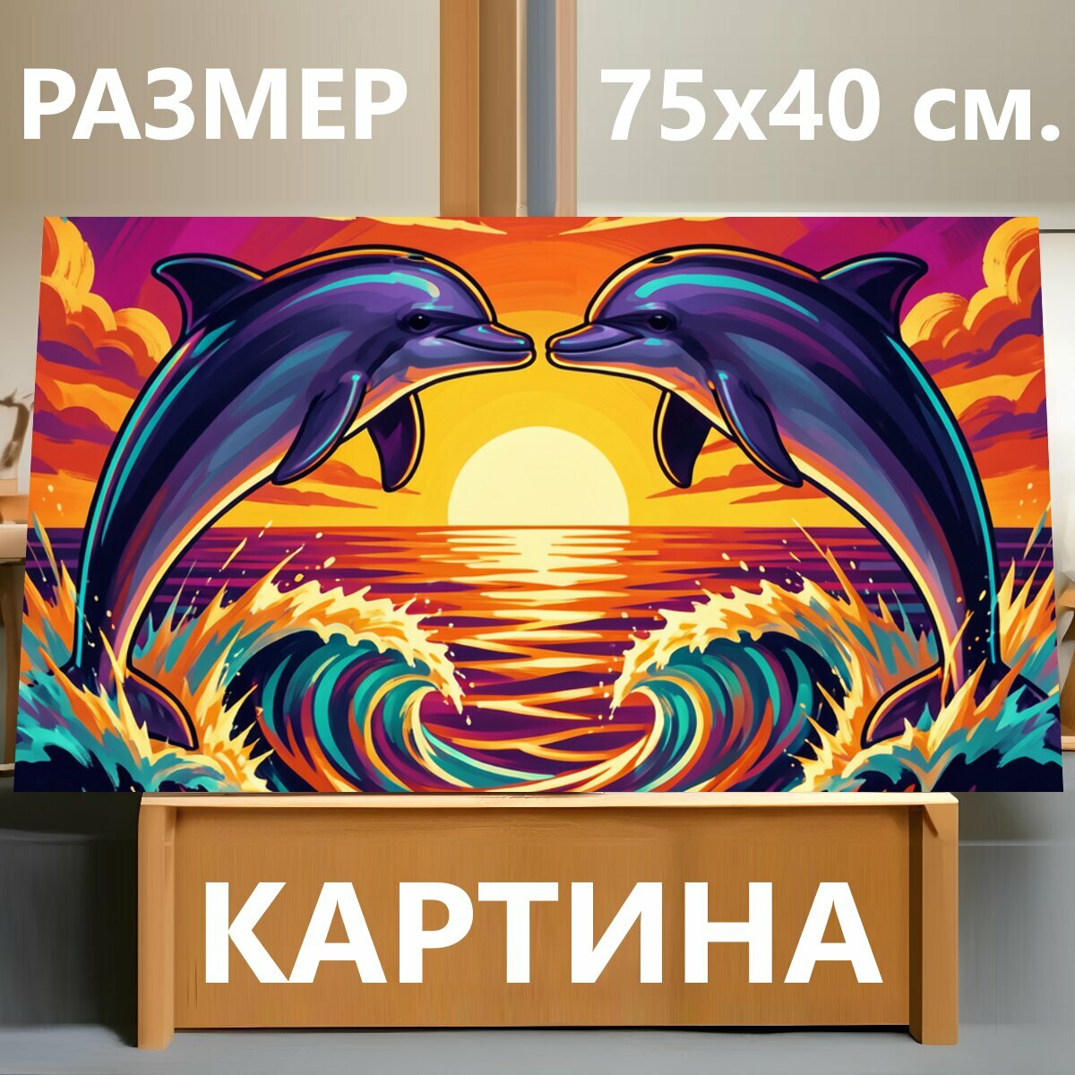 Картина на холсте "Дельфины на закате у океана. Яркая неоновая иллюстрация с двумя морскими дельфинами, прыгающими над волнами на фоне." на подрамнике 75х40 см. для интерьера
