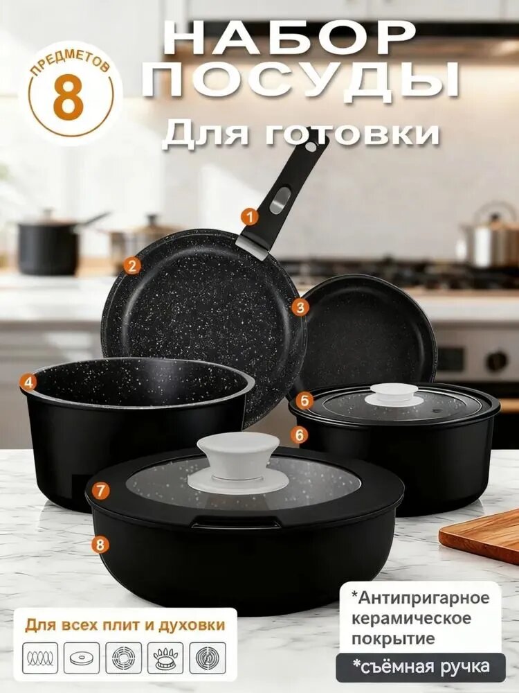 JuTongGuoJi Набор посуды для приготовления, 8 предметов с антипригарным керамическим покрытием для всех плит