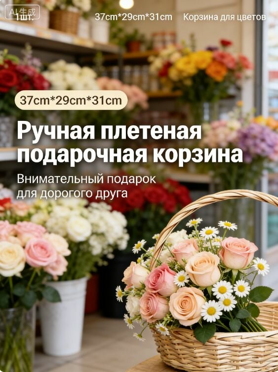 Плетеная подарочная корзина 36x28x9 см, подходит для хранения фруктов и продуктов.