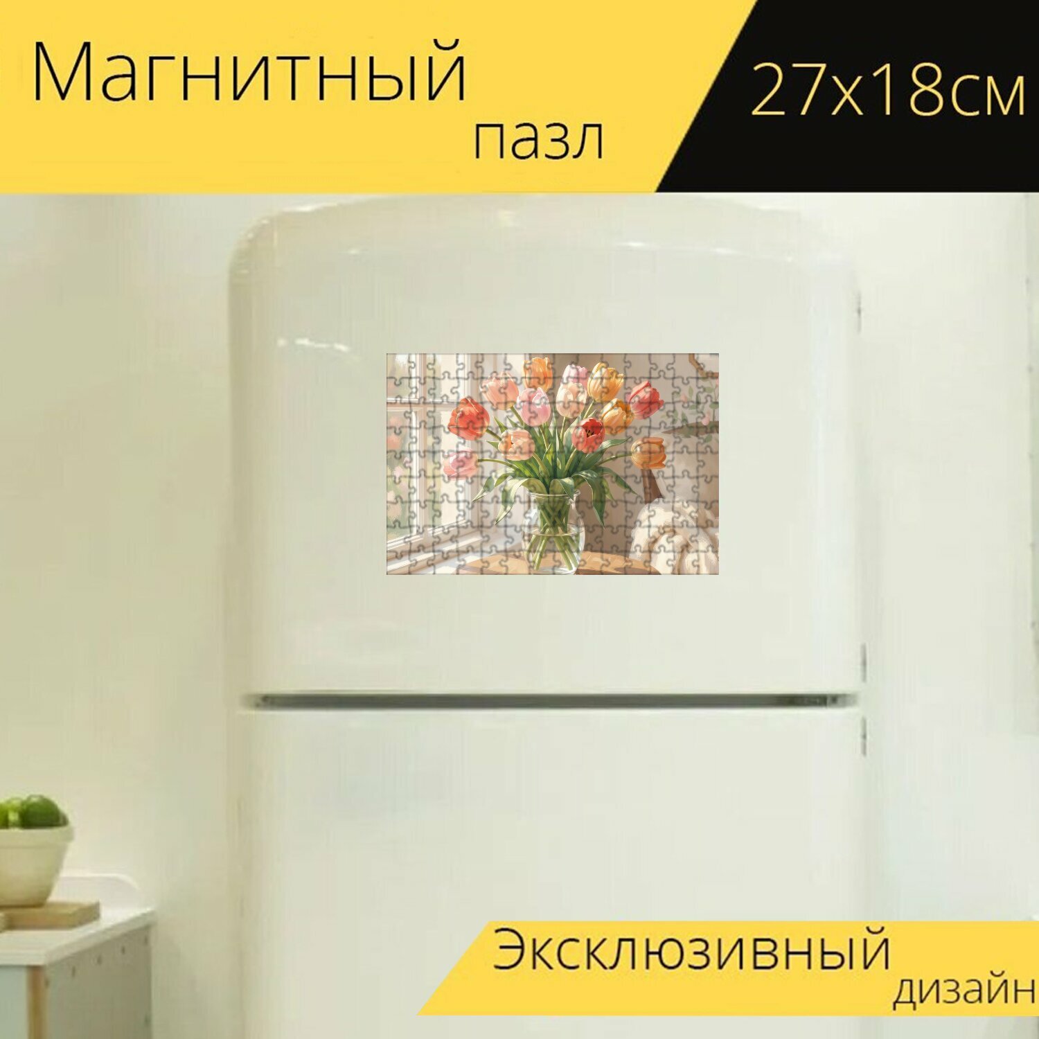Магнитный пазл "Букет тюльпанов в солнечной комнате. Нежная весенняя композиция с яркими цветами в прозрачной вазе у окна, мягкие пастельные оттенки." на холодильник 27 x 18 см.