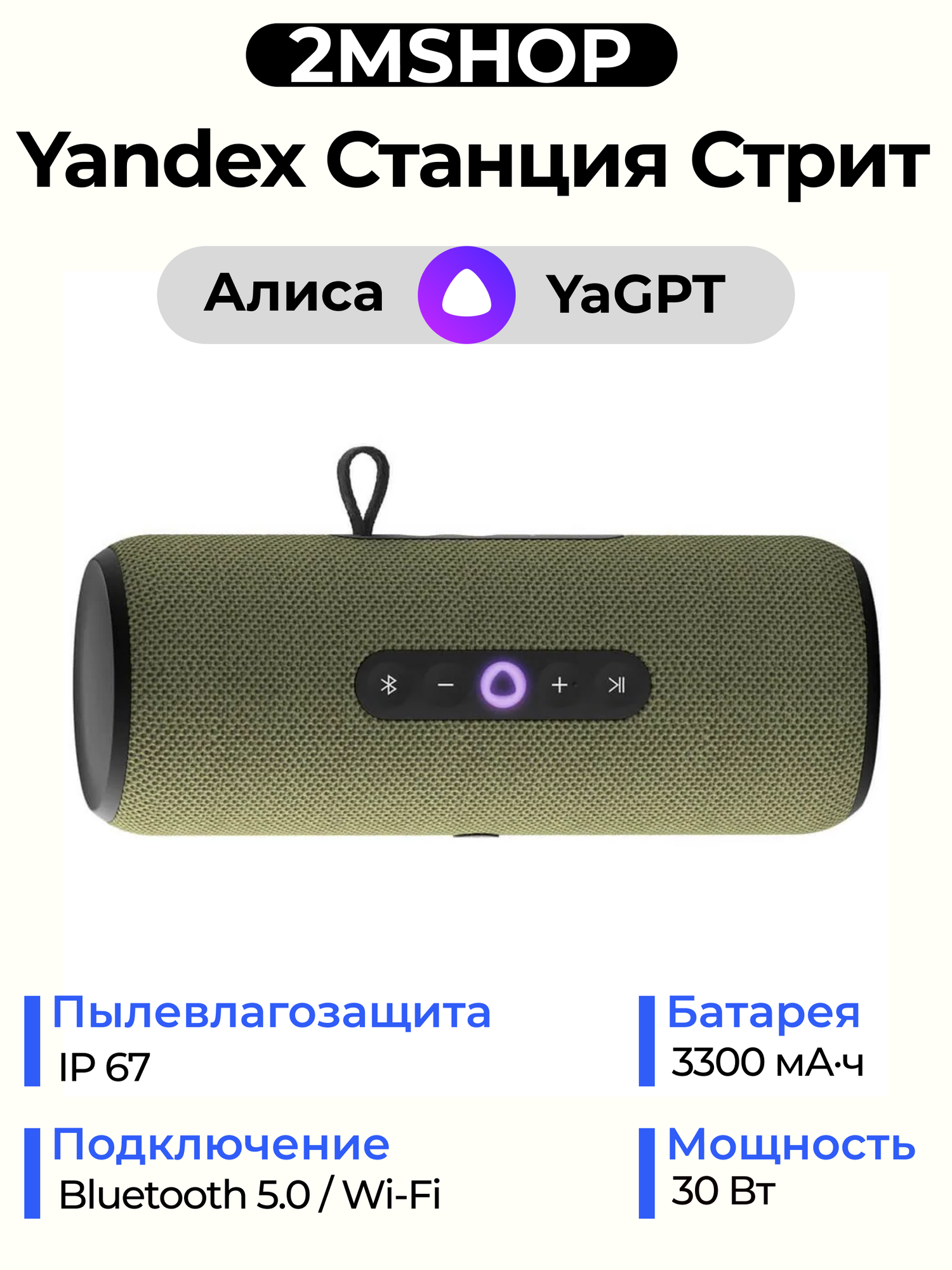 Умная колонка "Яндекс Станция Стрит", с Алисой, зеленый, влагозащищенная, 30Вт