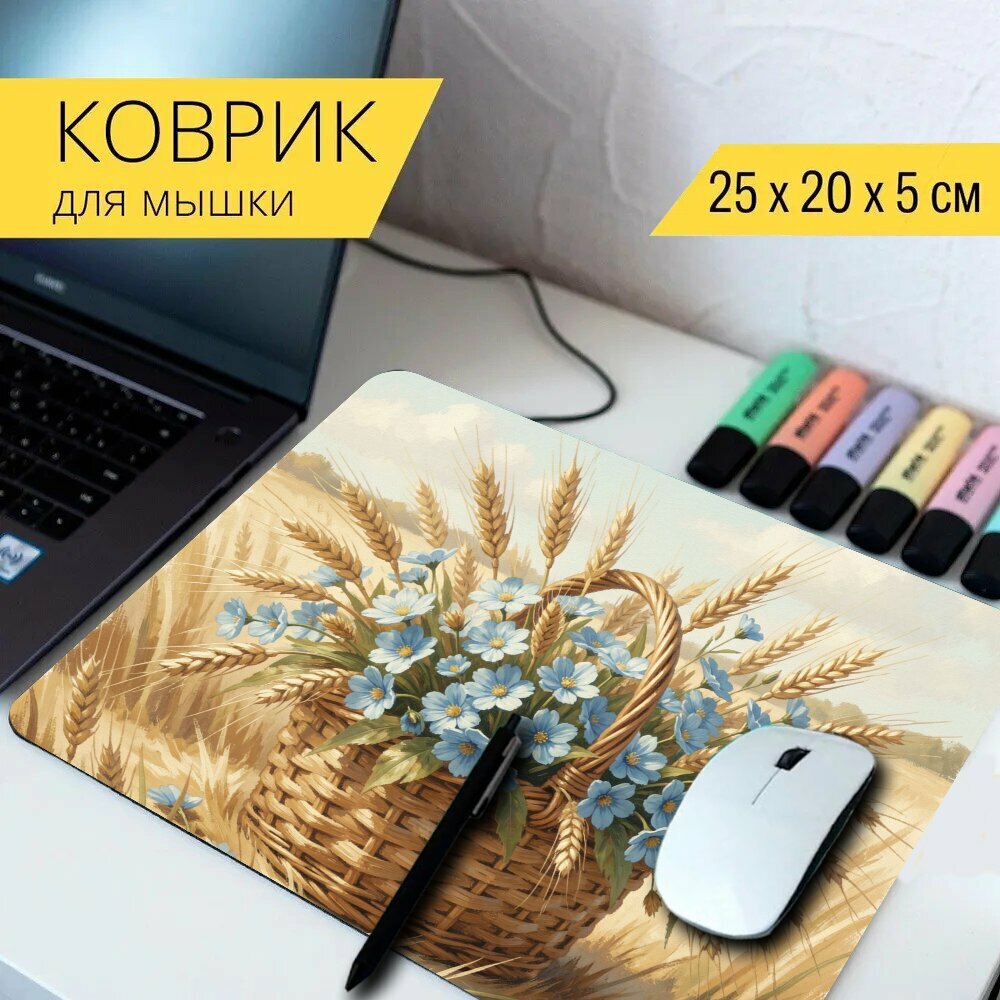 Коврик для мыши с принтом "Полевая корзина с васильками и пшеницей. Летняя сельская композиция в мягких пастельных тонах: плетёная корзинка с голубыми полевыми цветами." 25x20см.