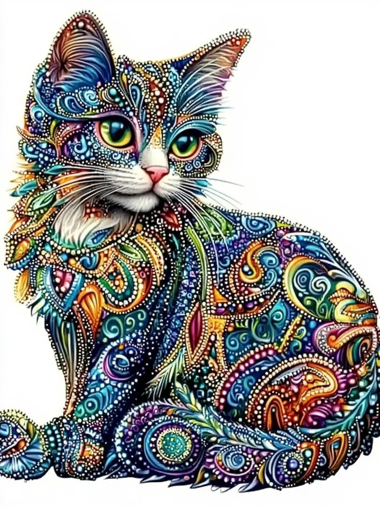Алмазная картина "Кошка с мандалой из страз", 30x40 см, без подрамника. Набор для творчества: блестящие камни, растительные узоры, перьевой орнамент, белый фон.