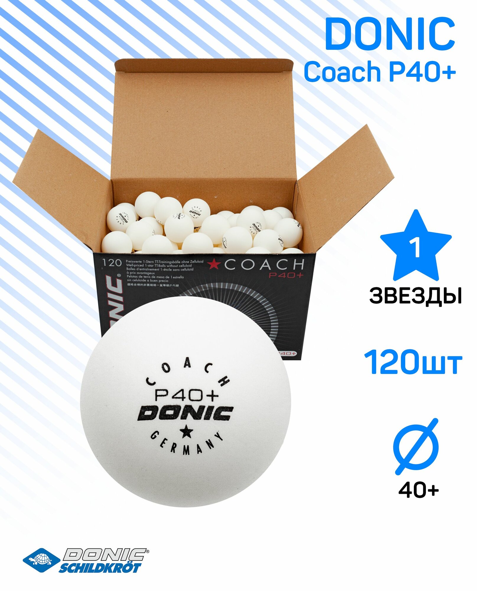 Мячи для настольного тенниса DONIC Coach P40+ 1*, белые, 120 шт.