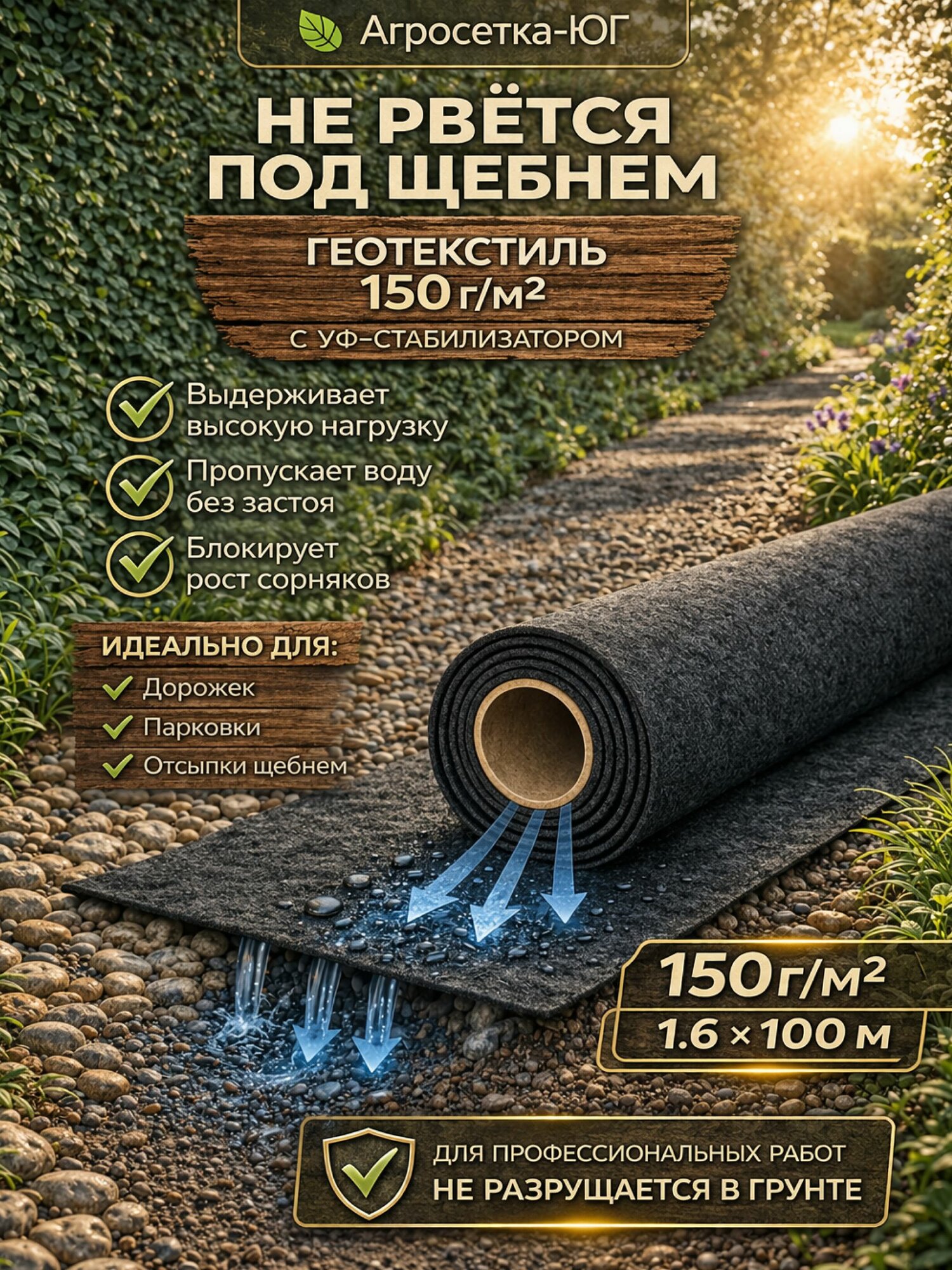 Геотекстиль Агросетка Юг 150 г/м , нетканый, чёрный, 1,6 x 100 м, для дренажа, ландшафта и строительных работ