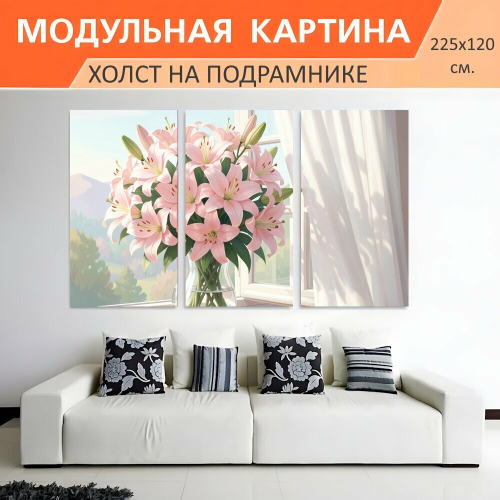 Модульная картина на холсте "Розовые лилии у окна. Нежная цветочная композиция в светлом интерьере: крупные лилии нежно-розового." триптих на подрамнике 225х120 см. для интерьера