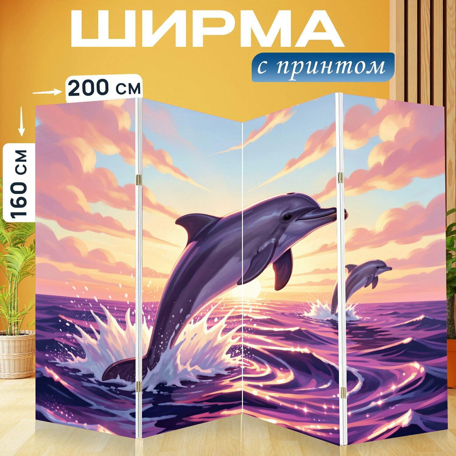 Ширма "Дельфины прыгают в море на закате. Морская сцена в стиле яркой цифровой иллюстрации: два дельфина." перегородка для зонирования комнаты с принтом 200x160 см. на холсте