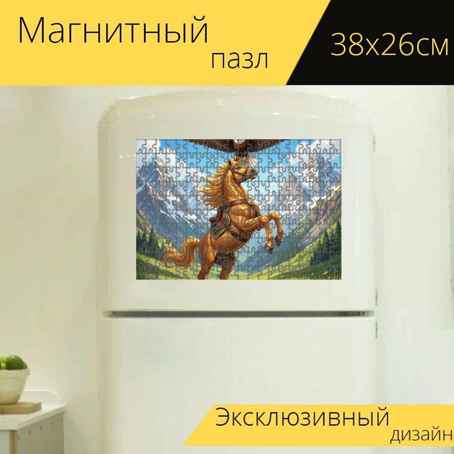 Магнитный пазл "Орёл и лошадь в горах. Фэнтезийная иллюстрация: гнедой конь на дыбах под парящим хищником, снежные вершины, зелёная долина и цветущий луг." для интерьера, 38х26 см.
