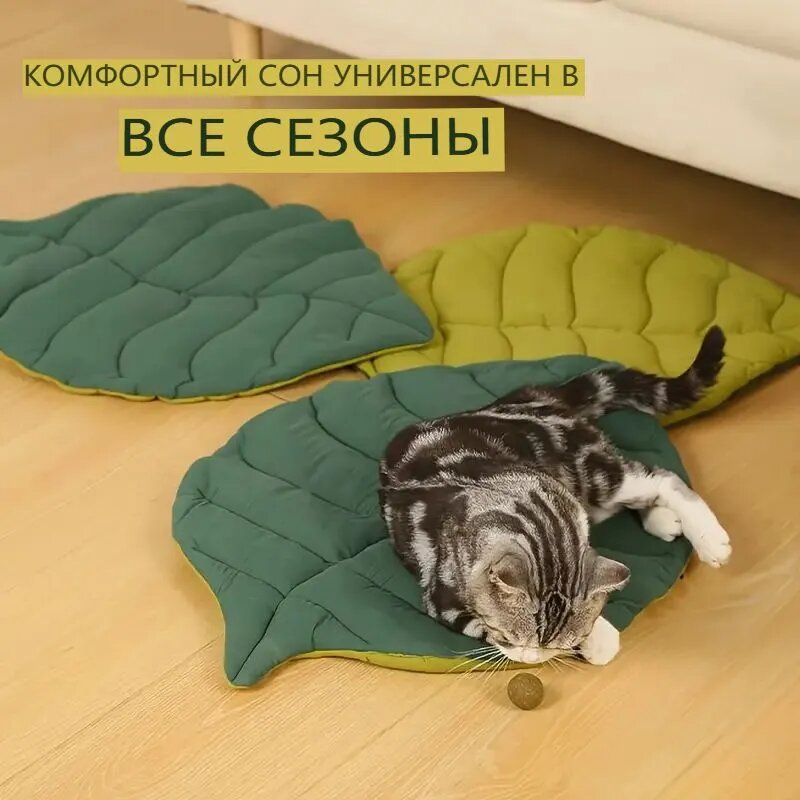 Уютный домик-лист для кошек Переносная лежанка с водоотталкивающей тканью, подарок кошатнику (Размер 65x50 см)
