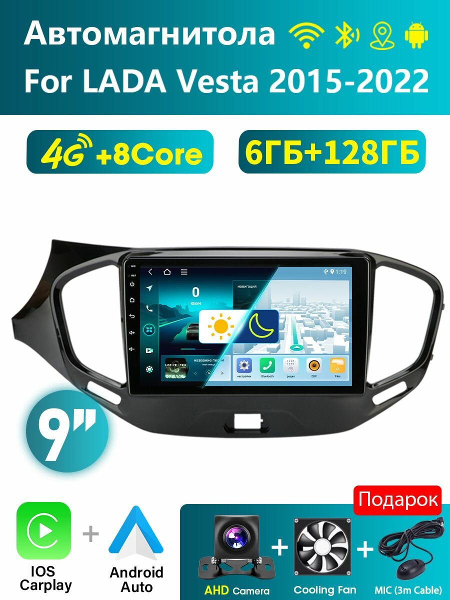 Магнитола 2DIN Srnubi MTK‑D для Lada Vesta 2015–2022 — Android 13, 6ГБ/128ГБ, 9" QLED, Wi‑Fi/4G, CarPlay/Android Auto