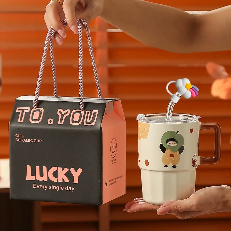 Подарочная упаковка Lucky: мужской керамический стакан с трубочкой и крышкой в стиле яблока, включает щетку, подарок на