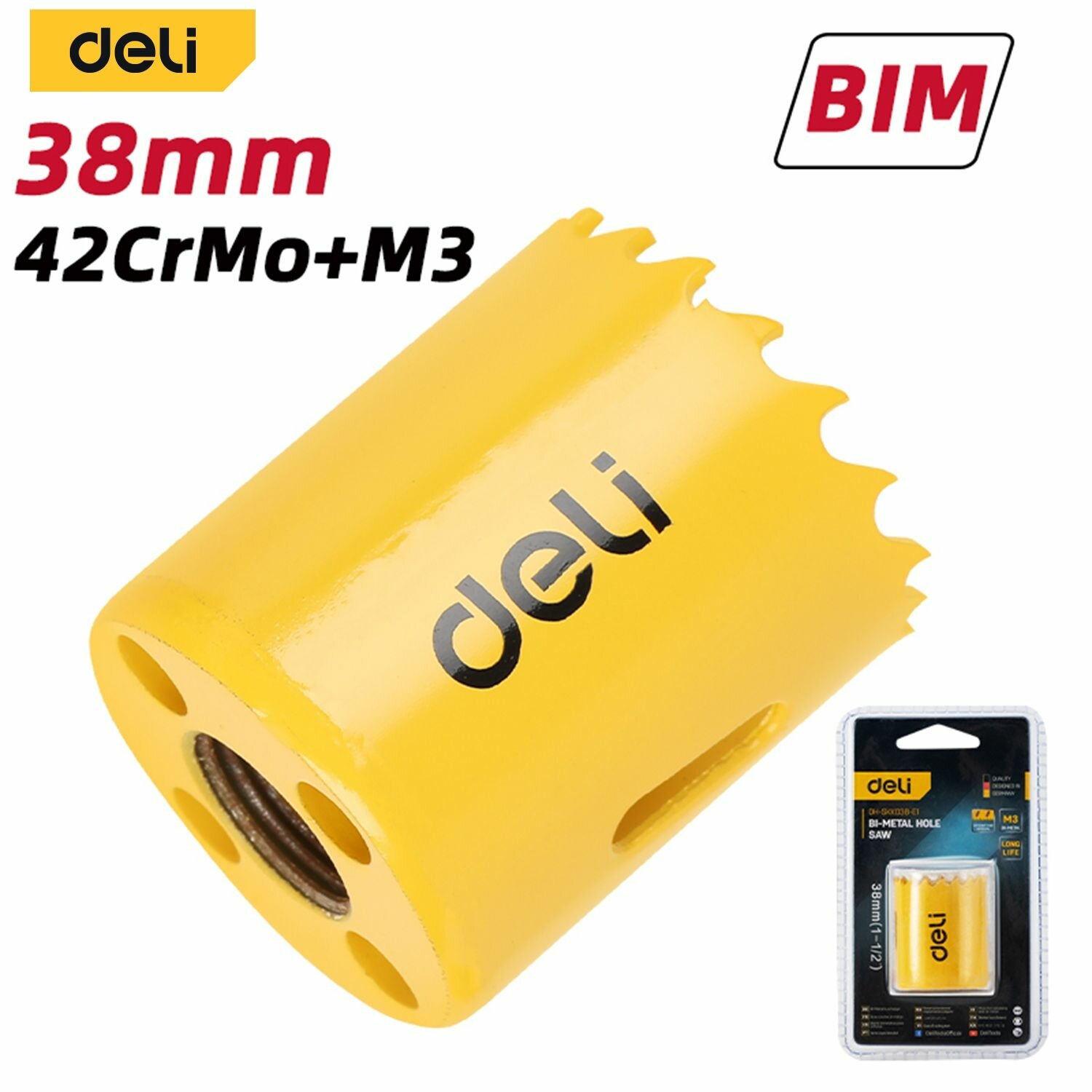 Коронка биметаллическая 38мм Deli DH-SKK038-E1 (макс глубина сверления 38мм, шаг зубьев 4-6мм, 42CrMo+M3)