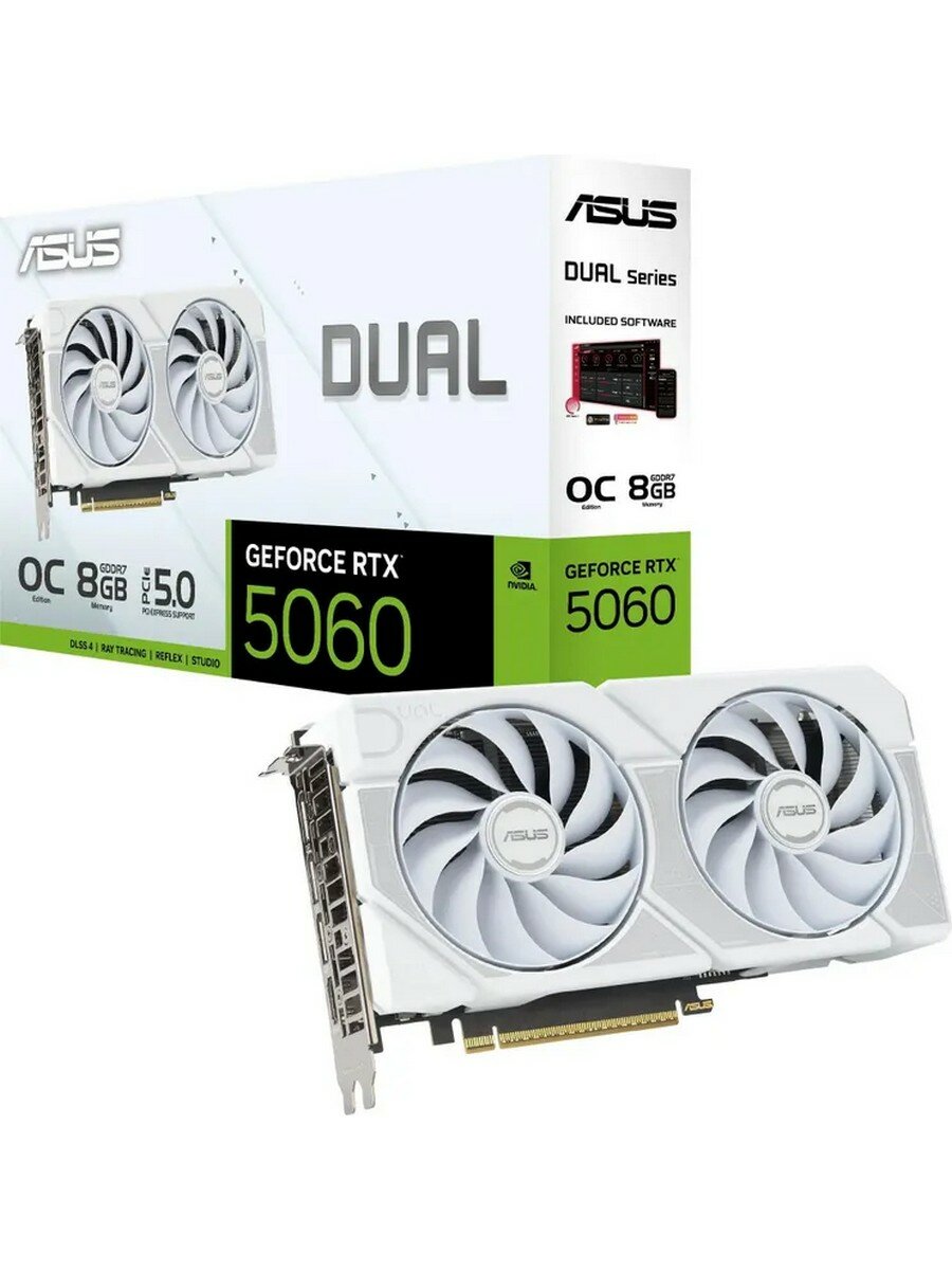 Видеокарта ASUS nVidia GeForce RTX 5060 DUAL WHITE OC EDITION 8Gb (GDDR7, 128 bit, 3xDP+HDMI, RTL) (DUAL-RTX5060-O8G-WHITE)