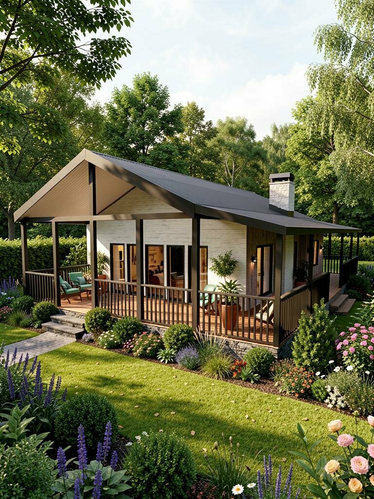 Проект одноэтажного каркасного дома 15,22х9,48 м с террасой и двумя спальнями