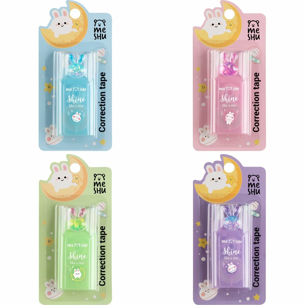 18 шт. Корректирующая лента MESHU "Shiny Bunny", 5мм*6м, блистер, европодвес, ассорти