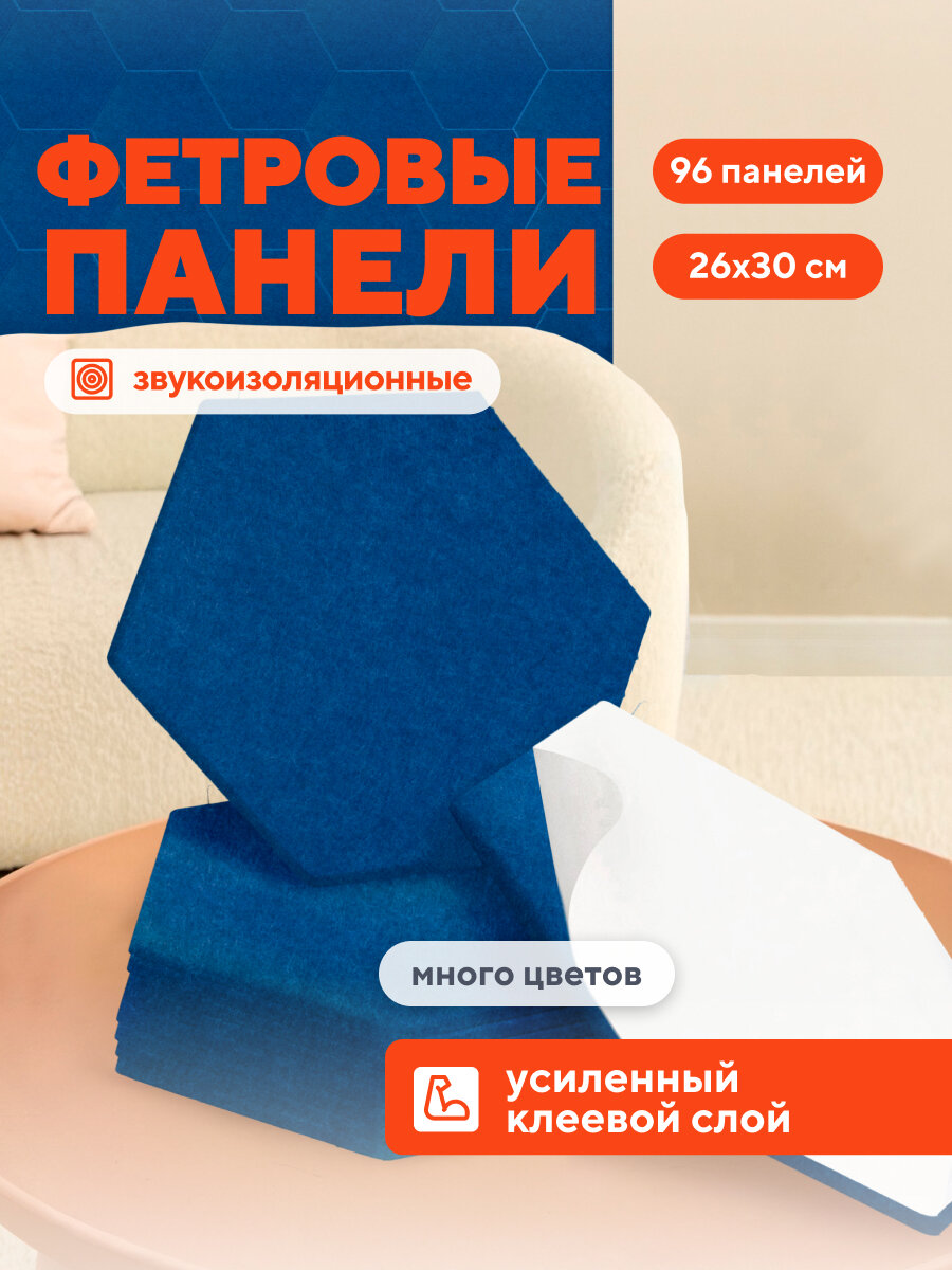 Акустические панели звукопоглощающие самоклеящиеся. Звукоизоляция для стен Hubox, 96 шт. соты, синий