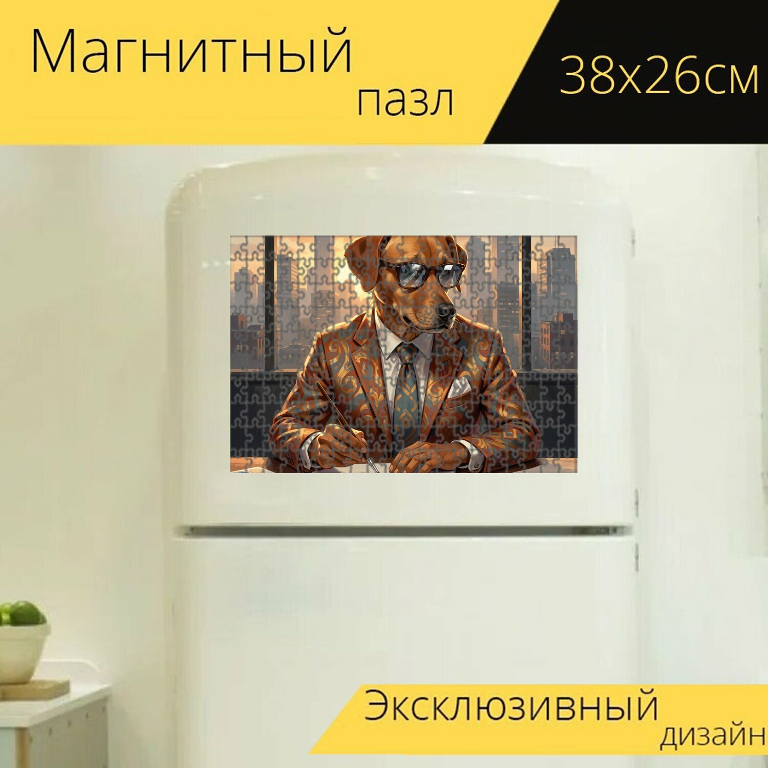 Магнитный пазл "Пёс-художник в городе. Стильный антропоморфный щенок в очках и ярком узорчатом костюме рисует за столом на фоне современного мегаполиса на." для интерьера, 38х26 см.