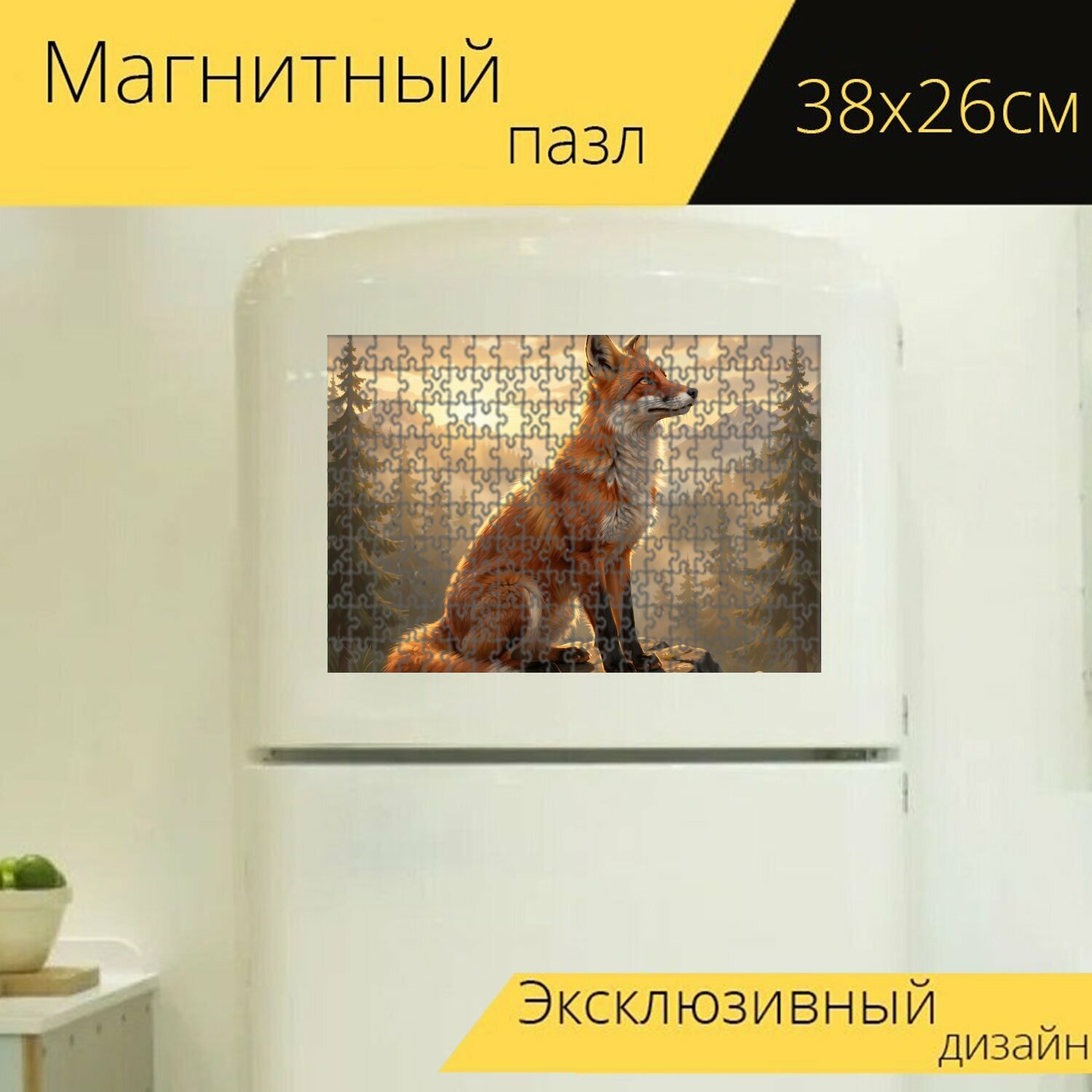 Магнитный пазл "Лиса на горном уступе. Реалистичная рыжая лисица на скале среди хвойного леса и горных вершин, тёплый рассветный свет, мягкий туман, золотые." для интерьера, 38х26 см.