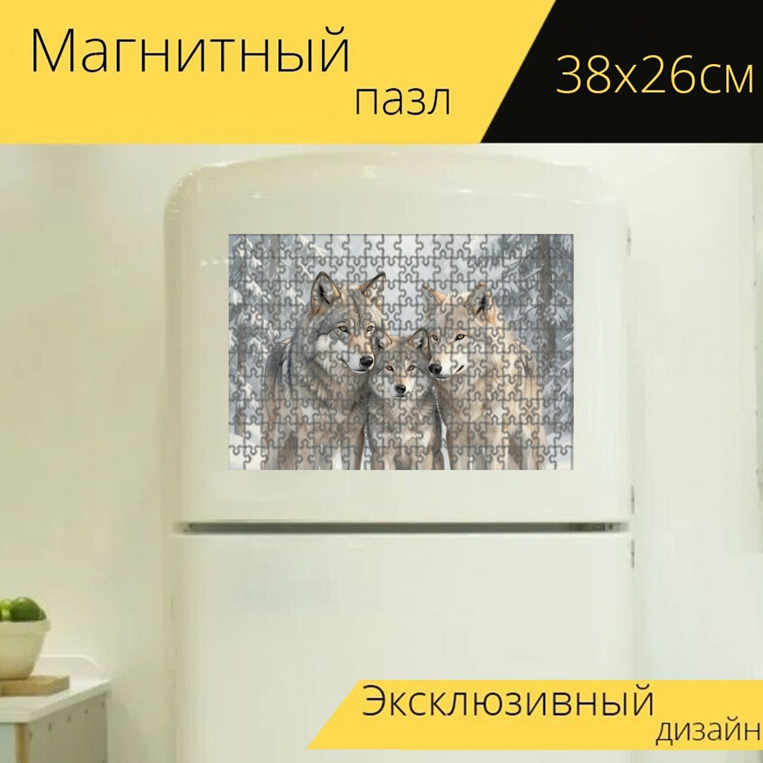 Магнитный пазл "Семья волков в зимнем лесу. Трое хищников среди заснеженных елей в туманном северном лесу, реалистичная мягкая иллюстрация в холодных." для интерьера, 38х26 см.