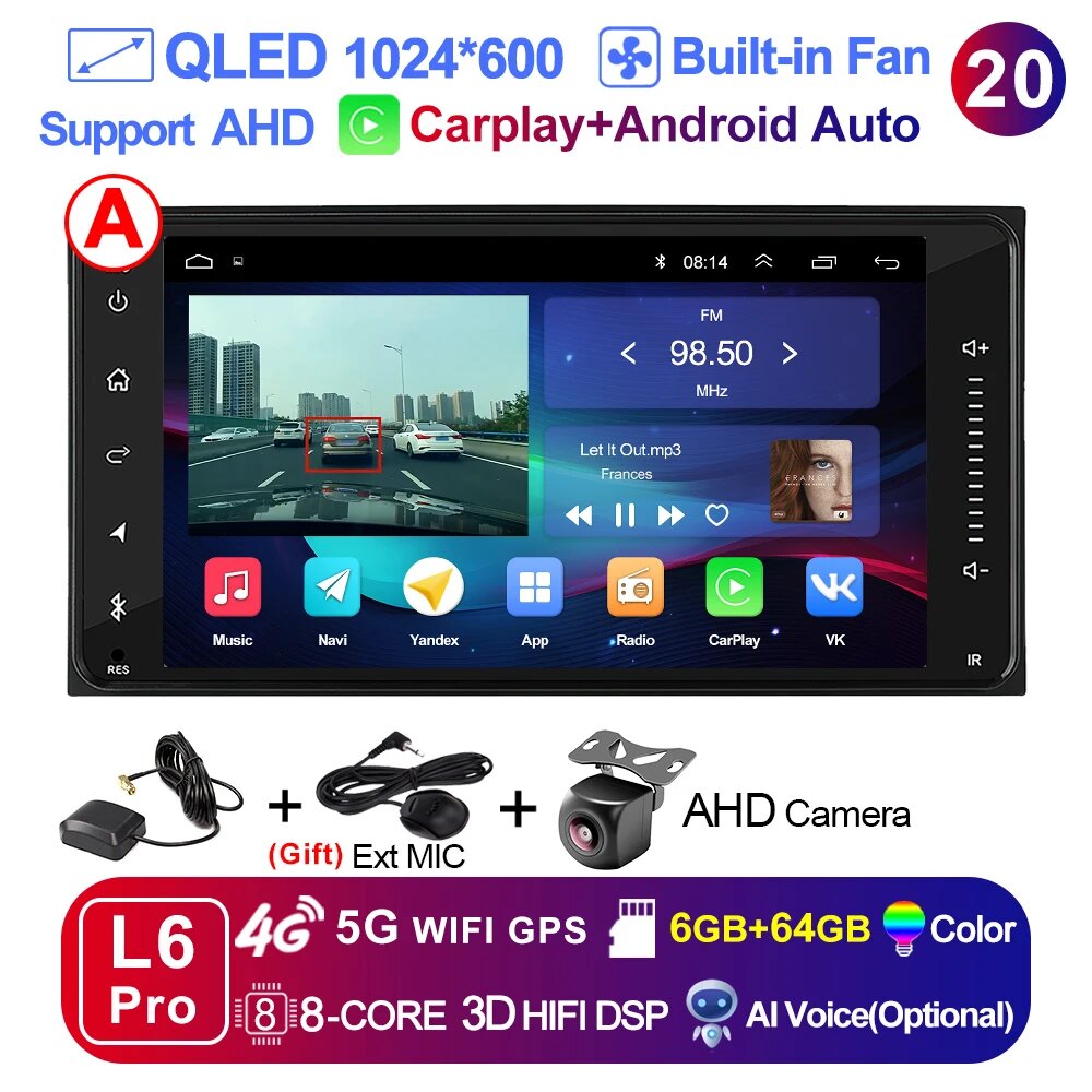 Автомагнитола Android 14, 1024*600, Carplay, 6/64GB, HG-L6 Pro(6-64