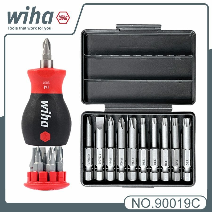 WIHA 16 шт. Набор отверток с коротким хвостовиком, Винты с прорезями Phillips и Torx, нескользящая ручка,90019C