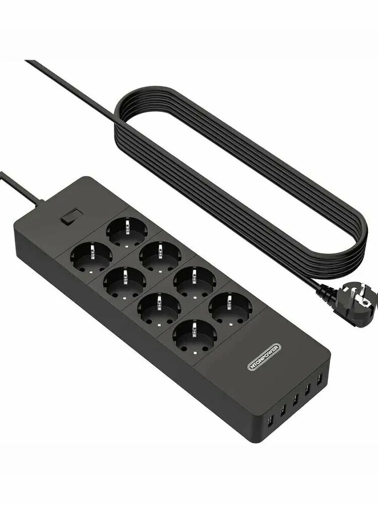 Сетевой фильтр с выключателем NTONPOWER 8 розеток 5 USB 3м 4000Вт, перегрузки заземление защита Для дома и офиса Возможность настенного монтажа