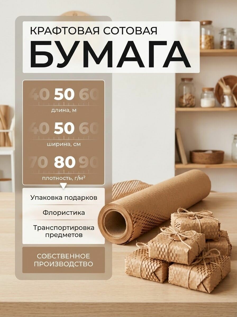Упаковочная бумага крафт сотовая в рулоне 50м
