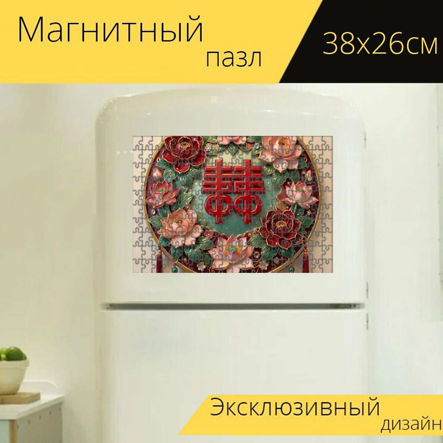 Магнитный пазл "Китайский символ счастья с цветами. Восточный декоративный орнамент с красным иероглифом двойной удачи, пионами и лотосами в золотом." для интерьера, 38х26 см.