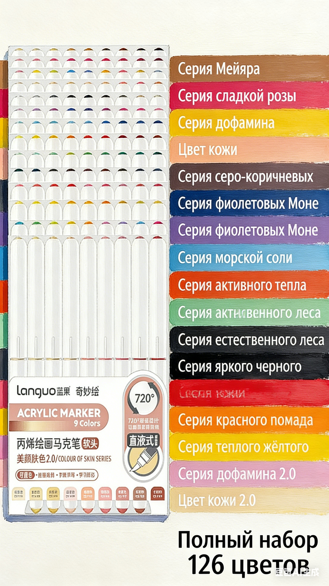 Набор маркеров Languo 126 штук, акриловые, круглый наконечник