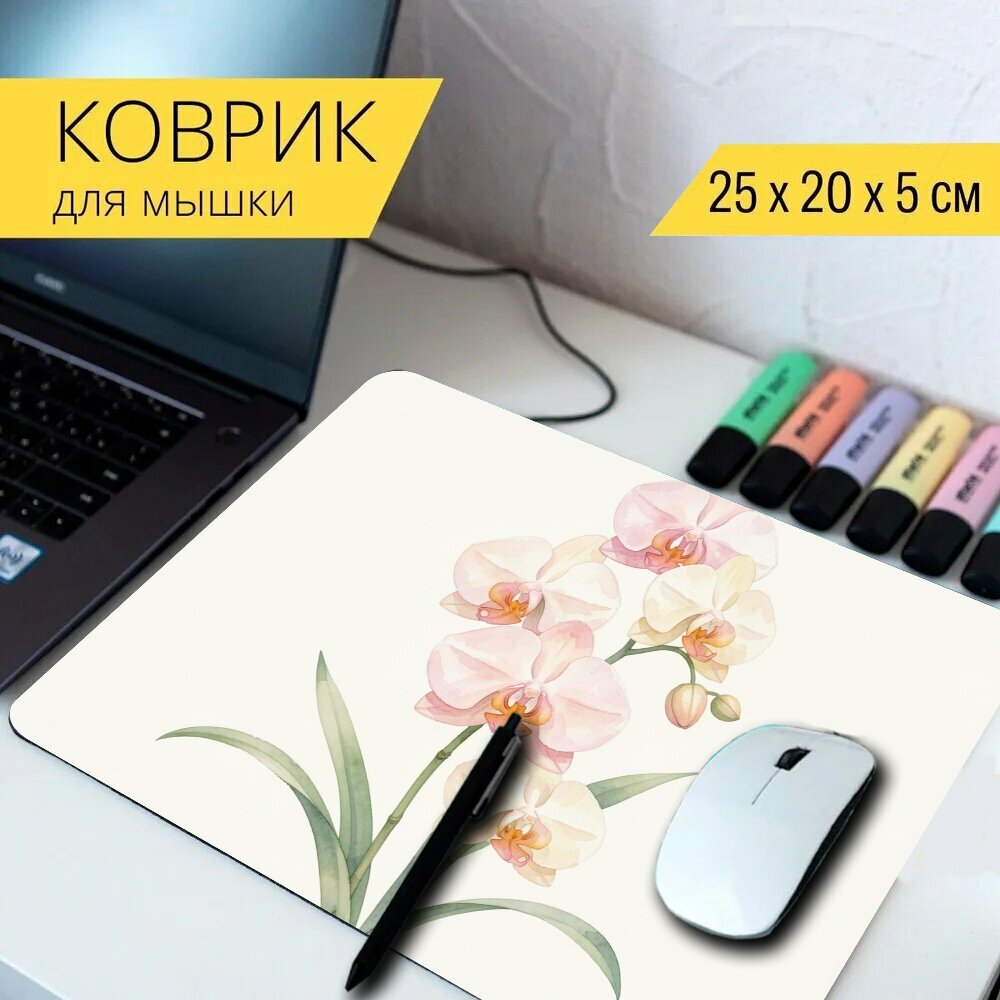Коврик для мыши с принтом "Нежные орхидеи акварельная ботаника. Изящная ветка фаленопсиса с распустившимися бутонами и зелеными листьями в акварельном стиле. Пастельные." 25x20см.