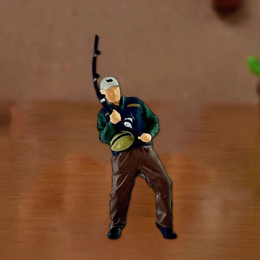 Фигурка рыбака 1/64, модель мужчины с удочкой, декоративная миниатюра для фотосессии, ландшафтный аксессуар