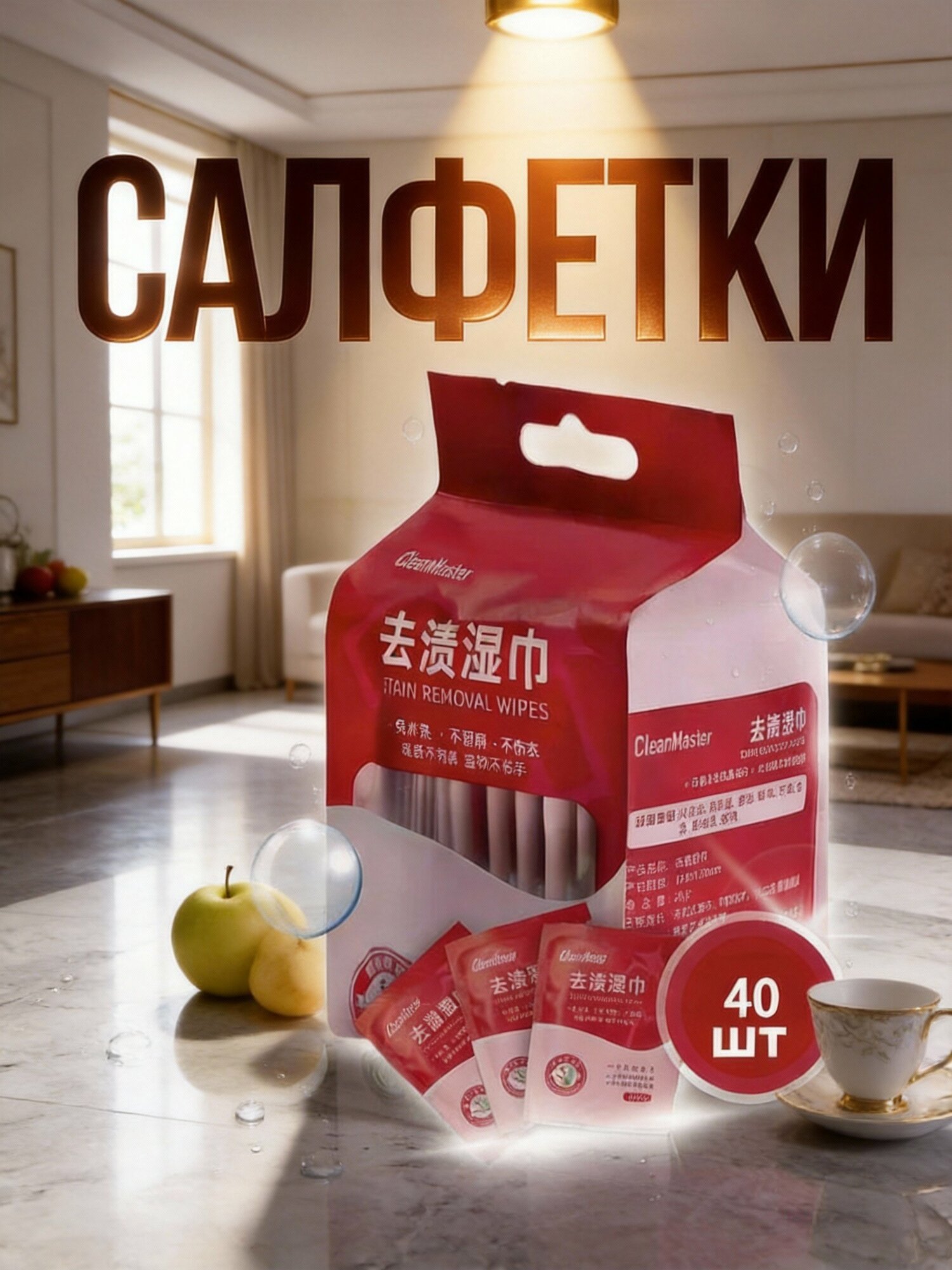 Пятновыводящие влажные салфетки для одежды, обуви и мебели, универсальное средство в индивидуальной упаковке 20 штук нейтральный pH компактный формат